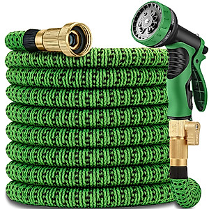 Expandable Garden Hose 100 ft with 10 Function Spray Nozzle, 2024 Nwe Version, Lightweight, Durable, No-Kink Flexible Water Hoses, 3/4" Brass Fittings and 4-Layer Latex Core(Green Black)