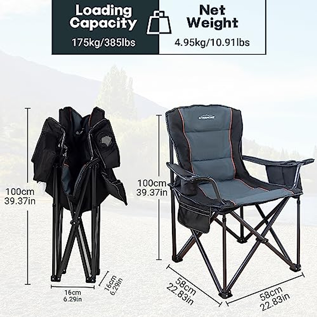 Overmont Oversized Camping Folding Chair Heavy Duty Steel Frame Collapsible Padded Arm Chair with Cup Holder Cooler Pocket Quad Lumbar Back, Portable for Outdoor Beach Fishing Support 385 LBS