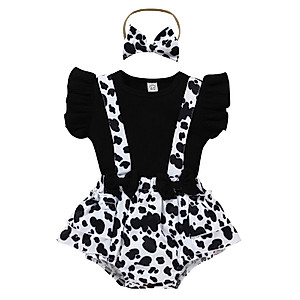 ZOELNIC Baby Girls Summer Clothes Knit Short Sleeve Top Bowknot Suspender Cows Print Ruffle Bloomer Headband Outfit Sets (Black, 6-12 Months)