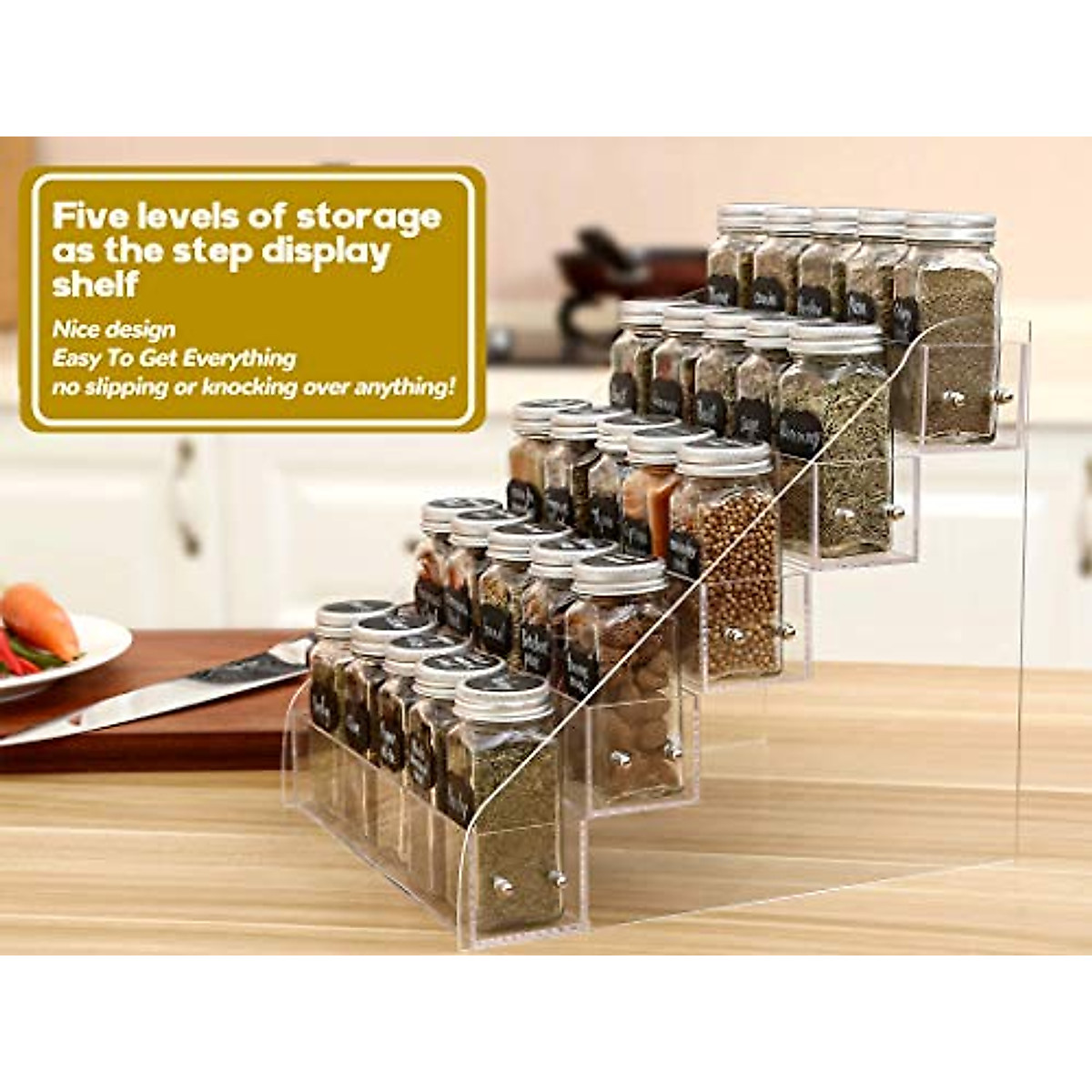 AmHoo Acrylic Spice Rack - 5 Tiers Seasoning Shelf Kitchen Spice Rack Organizer for Cabinets