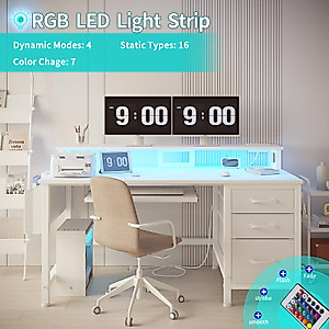 Lufeiya White Computer Desk with File Drawers Cabinet, 47 Inch Home Office Desks with Keyboard Tray, Gaming Desk with LED Lights and Power Outlets, Writing Table PC Desks with Monitor Stand, White