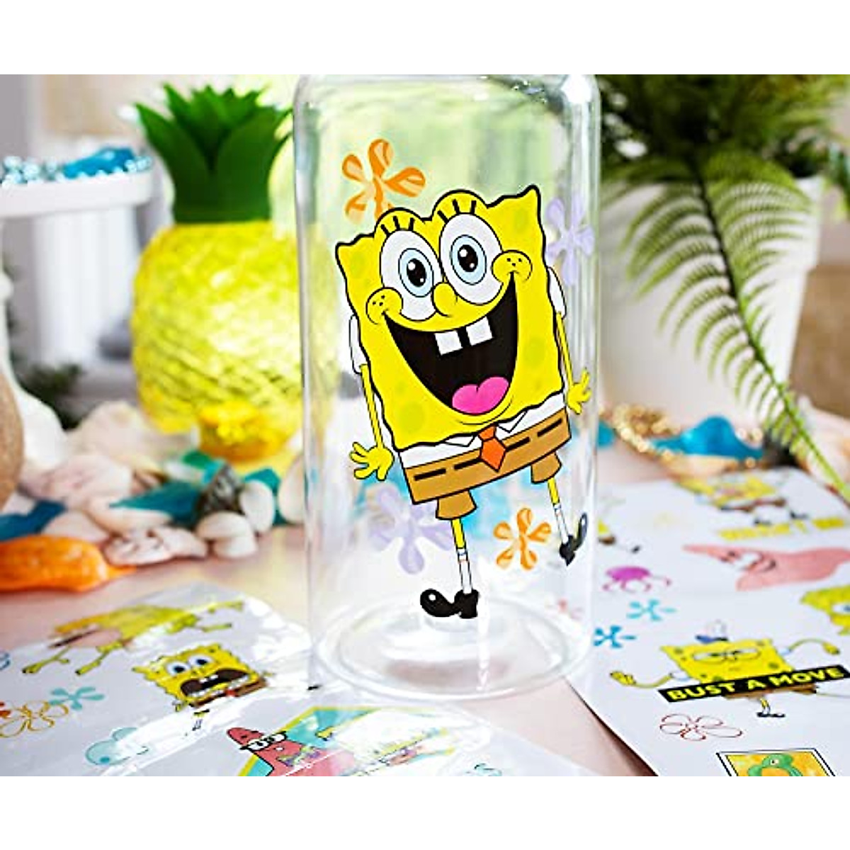 Silver Buffalo SpongeBob SquarePants Happy Laugh Flowers 32-Ounce Twist Spout Water Bottle And Sticker Set | BPA-Free Plastic Sports Jug