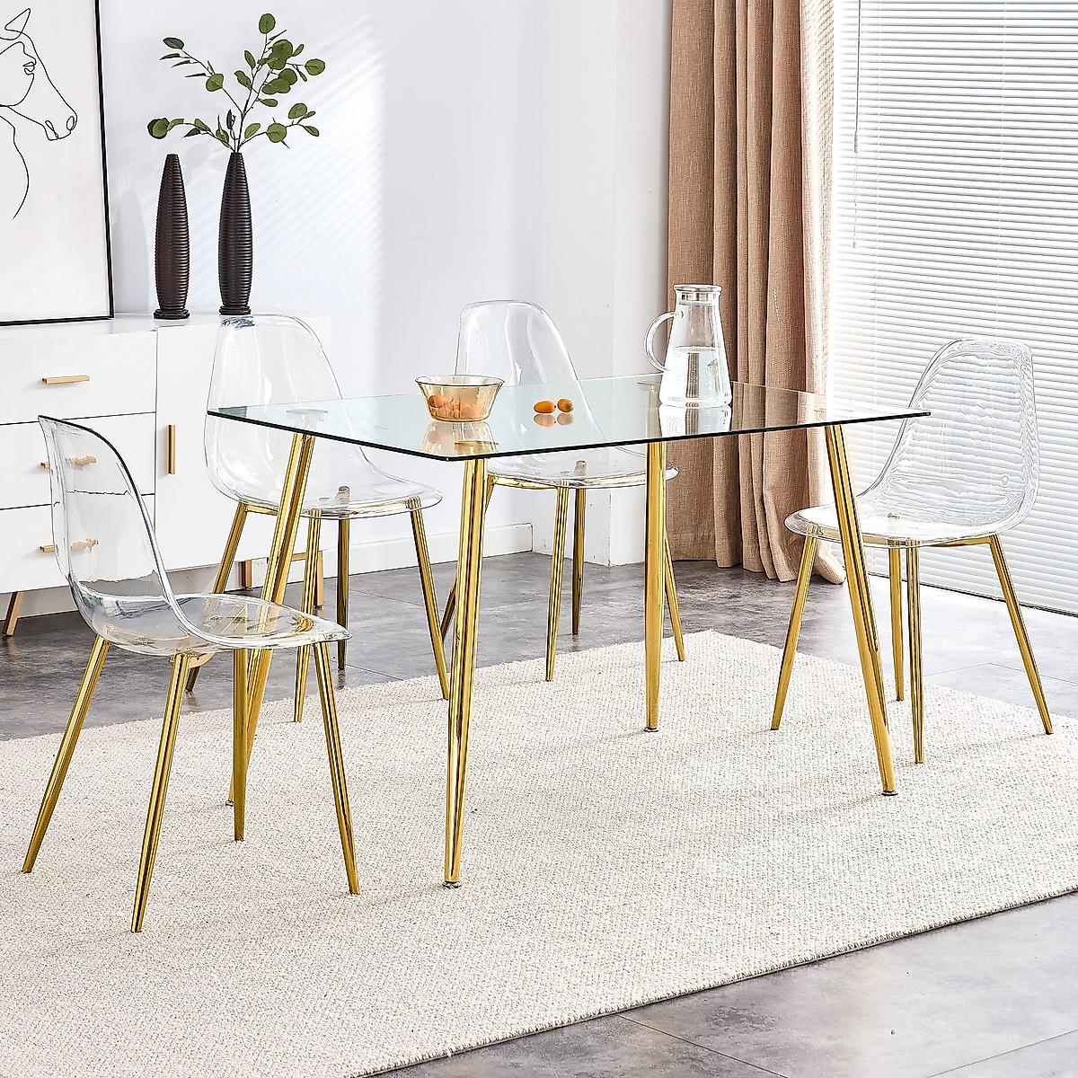 51 inch Glass Dining Table Set for 4, Dining Table & Chair Sets with Gold Plating Legs for Kitchen, Modern Rectangle Tempered Glass Table Top and Transparent Plastic Dining Chair for Dining Room