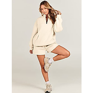 ANRABESS Women Two Piece Outfits 2023 Fall Clothes Set Sweatsuit Oversized Half Zipper Fleece Sweatshirt Casual Comfy Short Lounge Matching 1030mibai-S