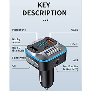 Bluetooth Car Adapter, Hi-Fi Bass Sound, Bluetooth Transmitter, FM Radio, Handsfree Calls, Fast Charging, 7 LED Colors, AUX Output, U Disk Support, Bluetooth Adapter for Car