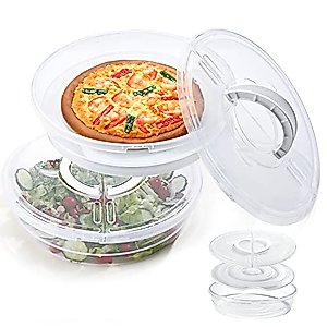 2 Pack 12 inch Food Storage Container with Lid and Handle, Reusable 2 Compartments Pizza Slice Storage Container, Pizza Storage Container Round for Cheese Cake, Corn Pie, Fruit White Clear Visible