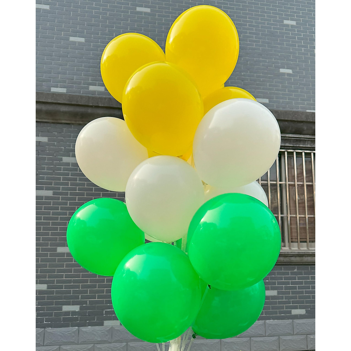 JODIDI 100 Pcs 12 Inch Latex Balloons in Green, White and Yellow, Perfect for Spring, Children's Birthday, Summer, Graduation, St. Patrick's Day， Wedding and Baby Shower Party Balloons Decorations