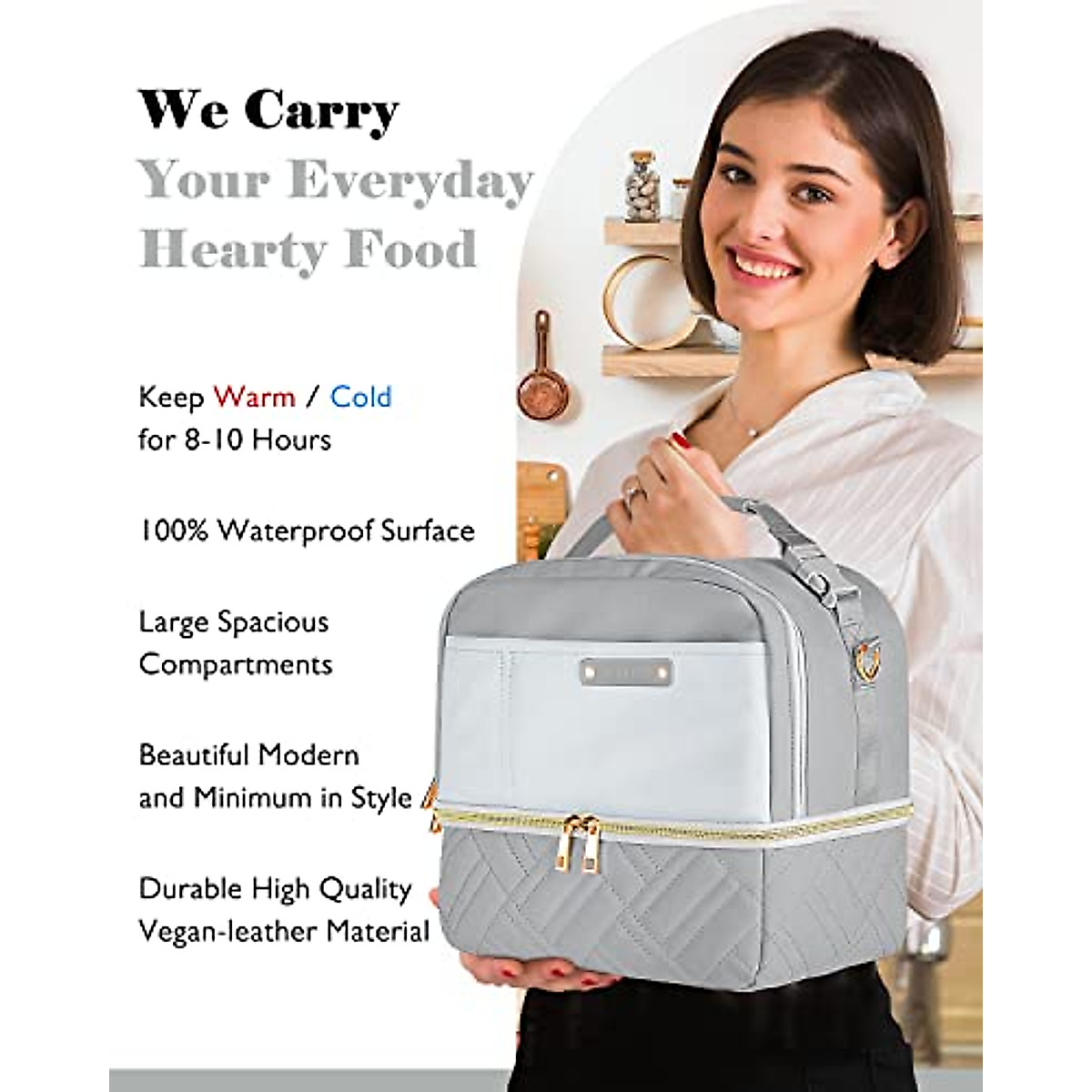GLORIEROO Lunch Bag Women Men, Large Insulated Lunch Box Tote Cooler - Stylish Vegan Leather 2 Tier Lunch Bag with Adjustable Shoulder Strap for Adults Travel Work, Blue Grey