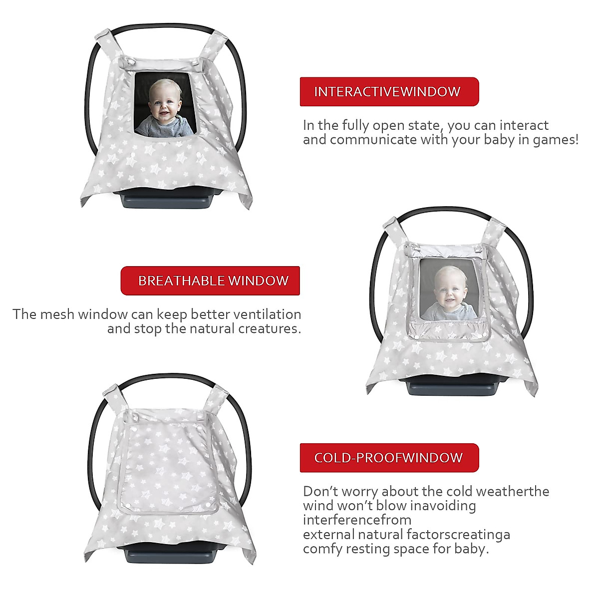 Baby Car Seat Cover for Boys Girls, Adjustable Peep & Breathable Mesh Window, Infant Carseat Canopy Fit All Seasons, Suitable for Various Stroller