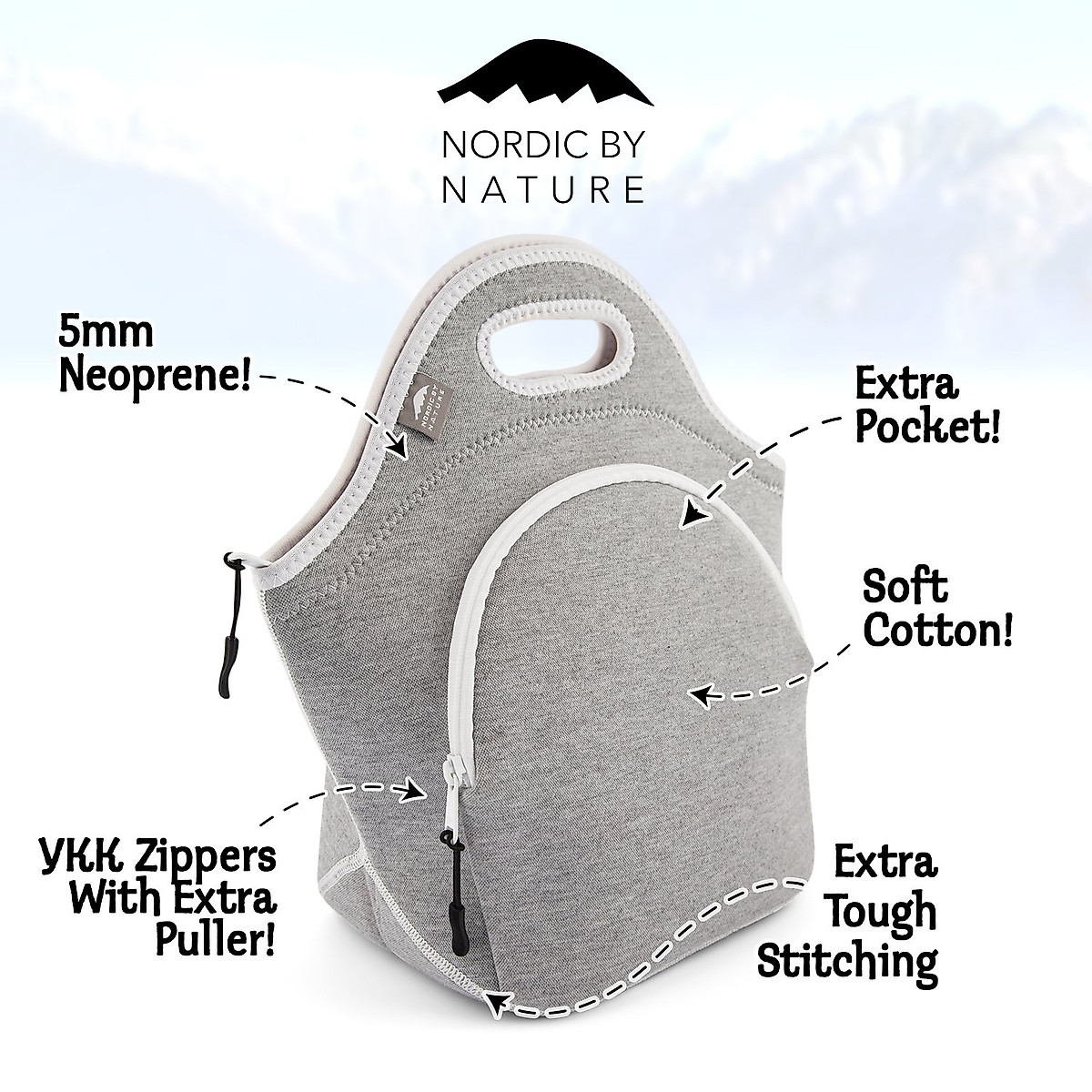 Insulated Large Neoprene Lunch Bag For Women, Men & Kids | Extra Pocket | 5 mm Insulation | 13.5” Big | Washable | Soft Designer Cotton | Best YKK Zipper In The World | LightGrey Lunch Box