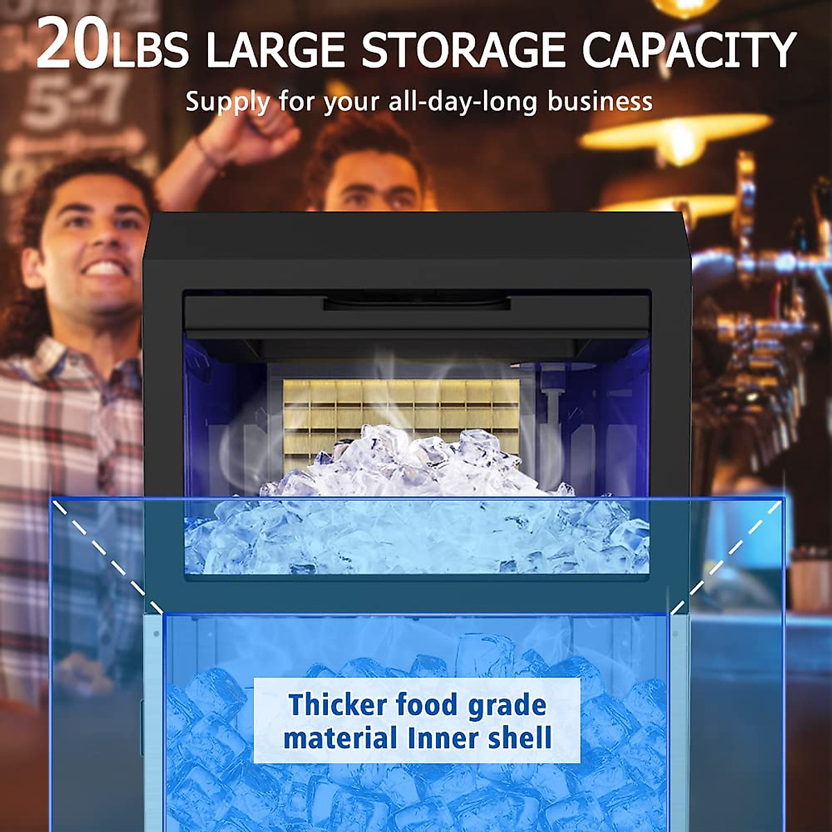 LifePlus Commercial Ice Maker Machine 100Lbs/24H, Stainless Steel Under Counter ice Machine with Large Storage Bin, 2 Way Water Supply, Freestanding for Home Party Shop Office Bar