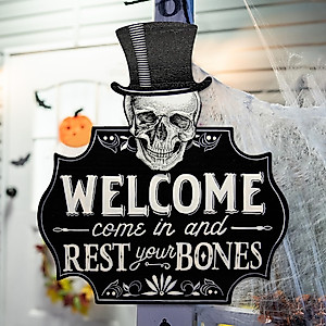 DR.DUDU Halloween Door Decoration, Halloween Welcome Sign, Halloween Skeleton Hanging Welcome Sign, 16" Wood Door Sign Haunted House Skeleton Decor, Halloween Wall Sign (black)
