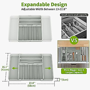 fifame Silverware Drawer Organizer, Expandable Kitchen Utensil Organizer, Larger Capacity Flatware and Cutlery Tray, Multi-Purpose Drawer Storage for Kitchen, Dressing Table, Office, Bathroom, (Grey)