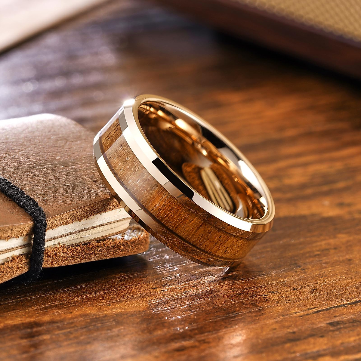 King Will Nature Koa Wood Inlay Tungsten Carbide Wedding Ring 8mm Rose Gold High Polished Comfort Fit 9.5