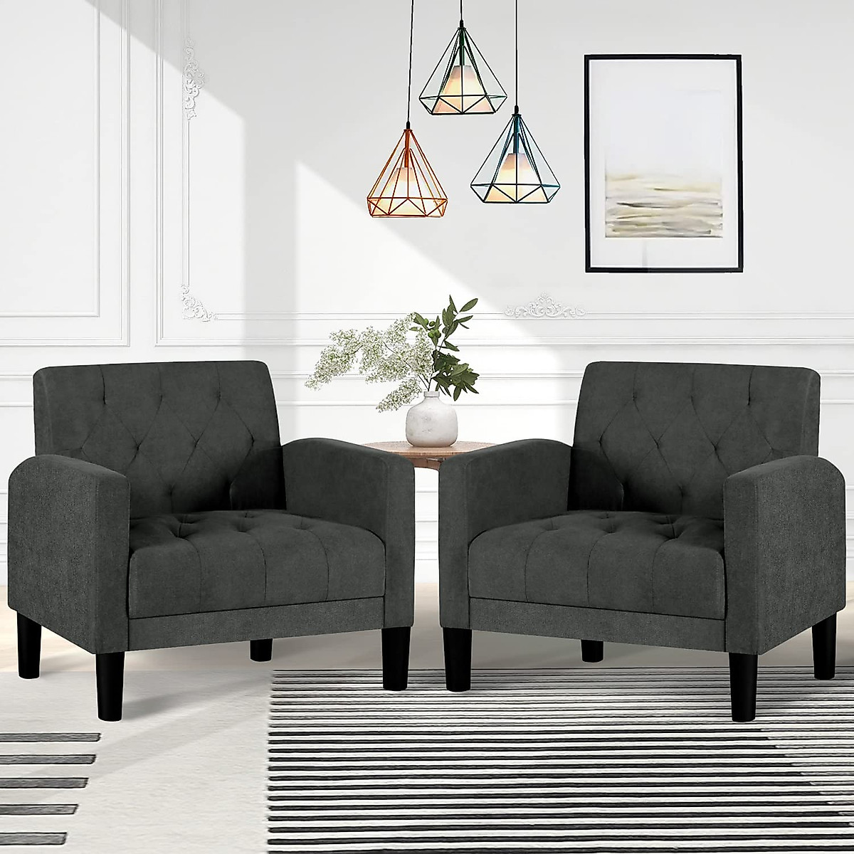 VAMEPOLE Modern Accent Chairs Set of 2, Comfy Living Room Chair, Cozy Tufted Mid Century Modern Accent Chair, Upholstered Reading Arm Chair for Living Room, Bedroom Sofa Chair(Dark Grey, Set of 2)