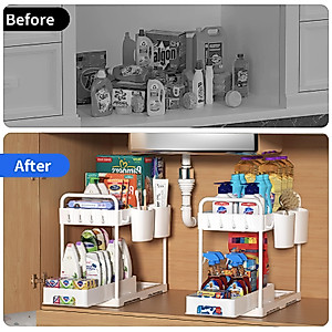 USFU Under Sink Organizers and Storage for Kitchen and Bathroom 2nd Floor Large Size Cabinet Cleaning Supplies Organizer Shelf,Sliding Drawer,White(2Pack)