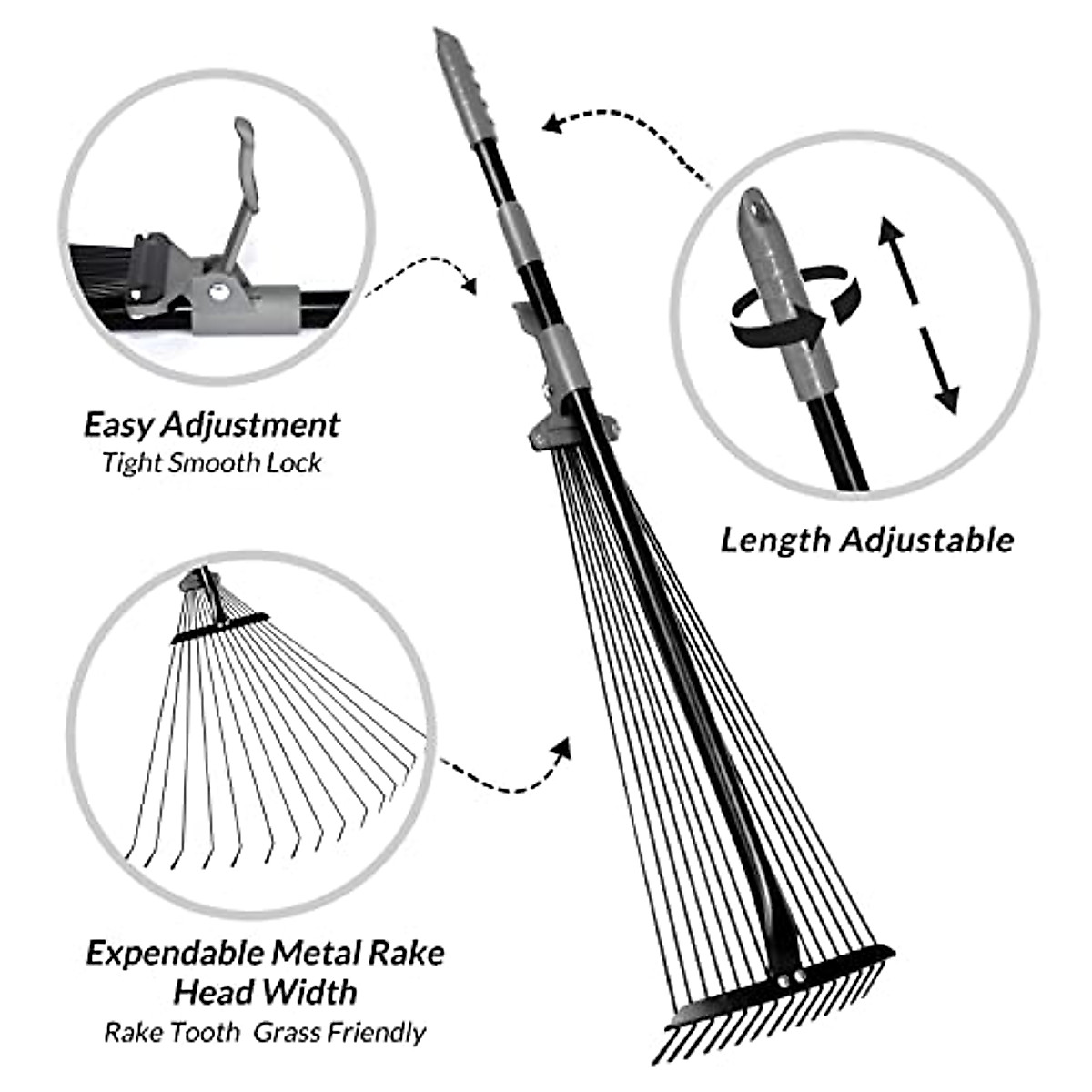 Walensee Garden Leaf Rake 64 Inch Adjustable Folding Leaves Rake Tools Metal Rake with Expandable Head from 7-22 Inch Expanding 15 Tines Shrub Rake to Collect Leaf & Poop Among Lawn and Yards 1 Pack