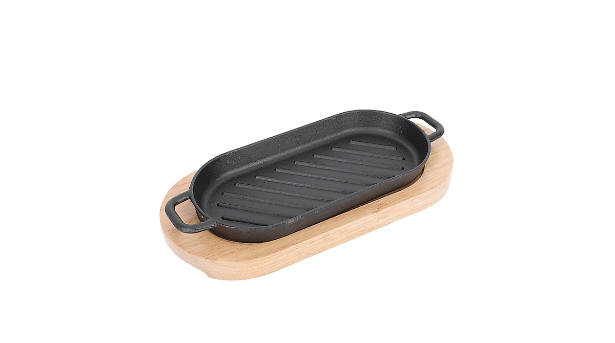 Sizzling Cast Iron Steak Platter with Wooden Base