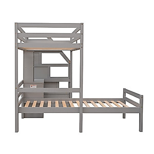BIADNBZ Twin Over Twin Bunk Bed with Stairs Storage, Desk, Shelves and Drawers, Wood L-Shaped Bunk Bed Convertible into Loft Bed with Staircase and a Platform Bedframe, Gray