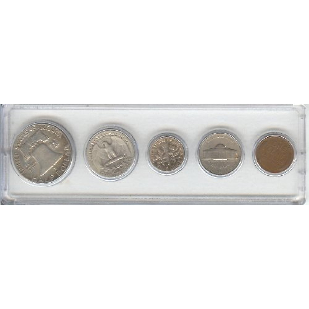 1949 BIRTH YEAR COIN SET, 5 COINS TOTAL-, SILVER HALF DOLLAR, SILVER QUARTER, SILVER DIME, NICKEL, CENT-, ALL DATED 1949 AND DISPLAYED IN A PLASTIC HOLDER--NOTE-- THESE COINS WILL BE AS GOOD OR BETTER THEN THE PICTURE--NOTHING LESS