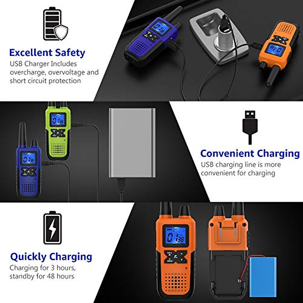 3 Long Range Walkie Talkies Rechargeable for Adults - NOAA 2 Way Radios Walkie Talkies 3 Pack - Long Distance Walkie-Talkies with Earpiece and Mic Set Headsets USB Charger Battery Weather Alert