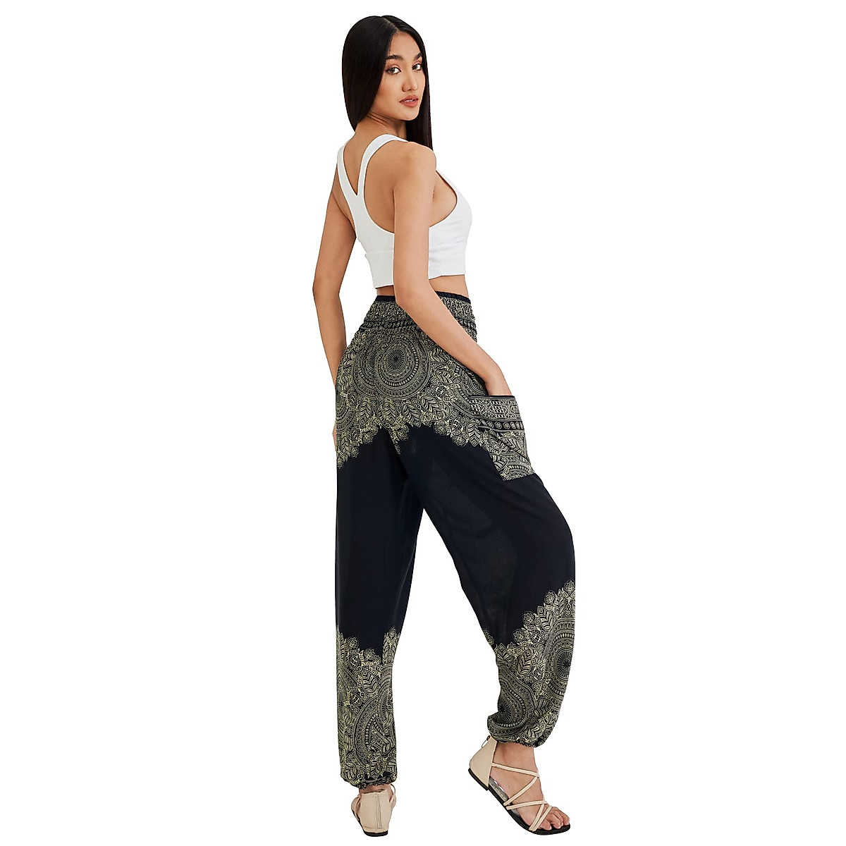 Joob Joob Boho Pants for Women - Hippie Harem Pants Women - Womens Yoga Pants – Comfy Bohemian Flowy Hippie Clothes - Black Medium