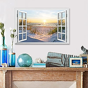 Woxfcart Window Beach Picture Canvas Wall Art Ocean Sunset Decor Yellow Natural Landscape with Framed 36x24