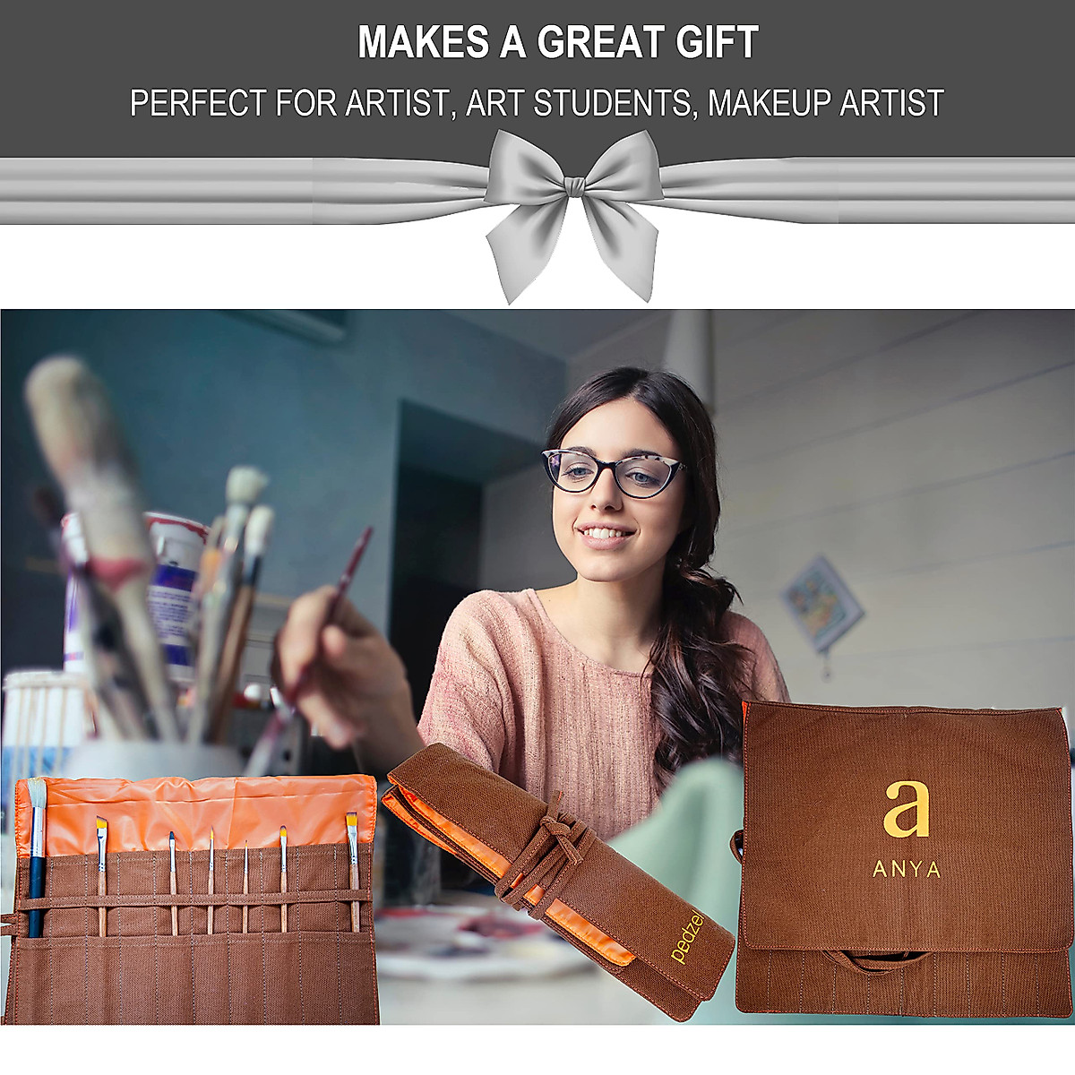 ANYA Artists Paint Brush Holder, 20 Slots Paint Brush Storage Canvas Roll up pouch for Acrylic Oil Watercolor, Dark brown PEDZEL (brushes not included)