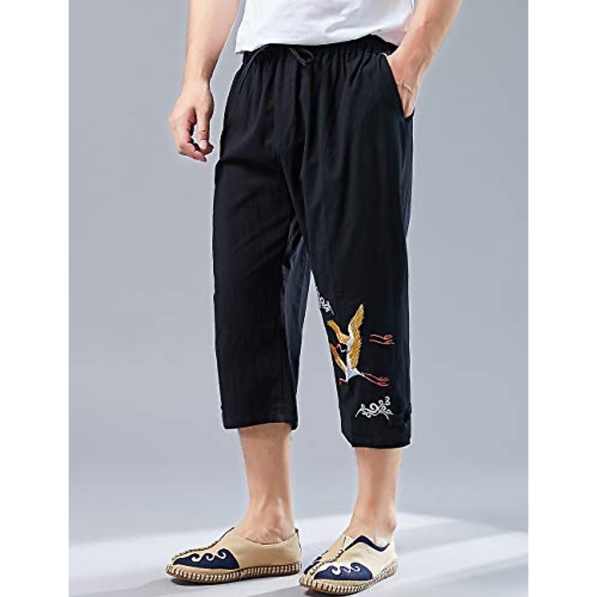 LZJN Men's Summer 3/4 Pants Cotton Linen Elastic Waistband Wide Leg Capri Shorts Bermuda Lounge Trousers with Embroidery (MF-138 Black, One Size)