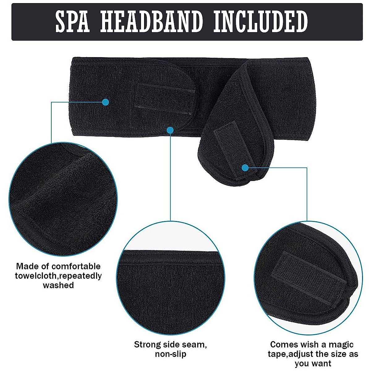 Makeup Remover Face Towels 6pack - 13" x 13" Black Turkish Cotton Washcloths with Makeup Headband - Super Soft Makeup Remover Cloths Perfect Holiday Gift