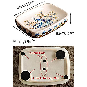 Kelake Ceramic Soap Dish, Ice Crack Ceramic Peacock and Flower Soap Dish Holder for Bathroom, Creative Porcelain Shower Soap Tray Box Bath Accessories with Two Drain Holes