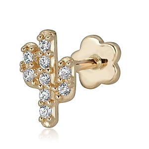 AVORA 14K Yellow Gold Simulated Diamond CZ Cactus Cartilage Piercing Flat Back Earring Body Jewelry (18 Gauge)