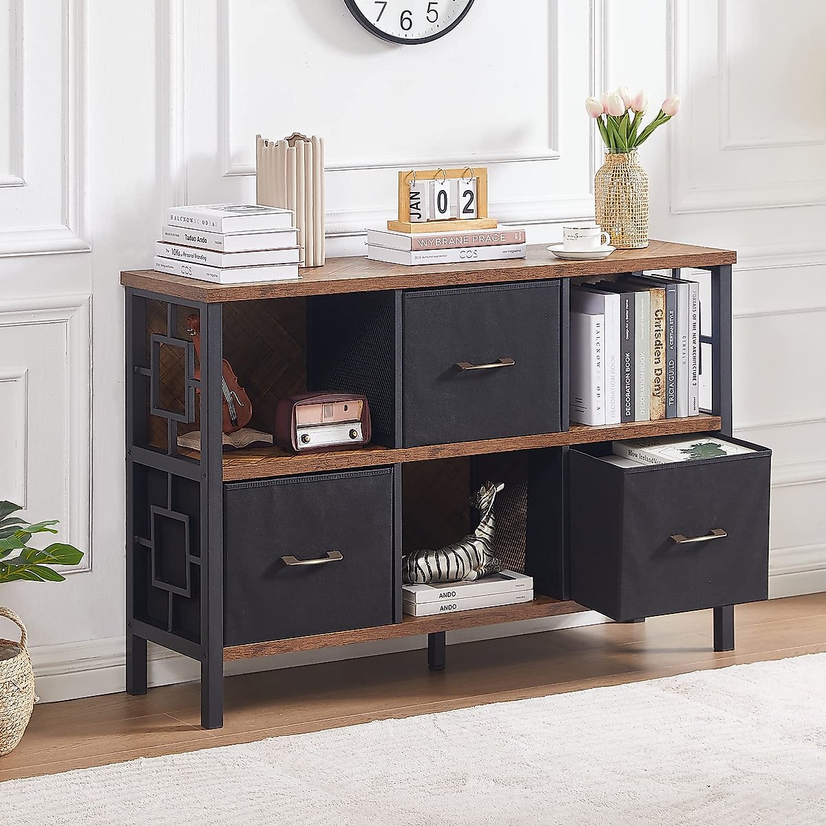 HOMISSUE 6 Cube Storage Organizer, Industrial Cube Storage Shelf with 3 Foldable Cube Storage Bin, Long Horizontal Bookshelf with Metal Frame, Low Bookshelf for Living Room and Office, Rustic Brown