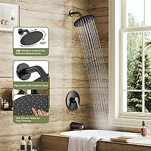 Kurpot Tub Shower Faucet Set, 8 Inch Matte Black Shower Head and Handle Set, High Pressure Bathtub Shower Faucet with Valve, Tub Spout and Trim Kit, Bathroom Shower Faucet Sets Complete, Black