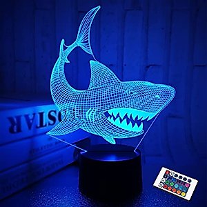 FULLOSUN Shark 3D Illusion Night Light Animal Touch Table Desk Lamp, with Remote Control 16 Colors Optical USB LED Nightlight for Kids Holiday Gift Room Decoration
