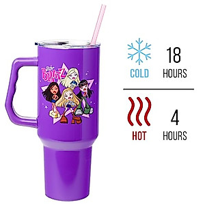 Silver Buffalo Bratz Featuring Cloe, Yasmin, Jade, and Sasha Stainless Steel Tumbler with Handle and Straw, Fits in Standard Cup Holder, 40 Ounces