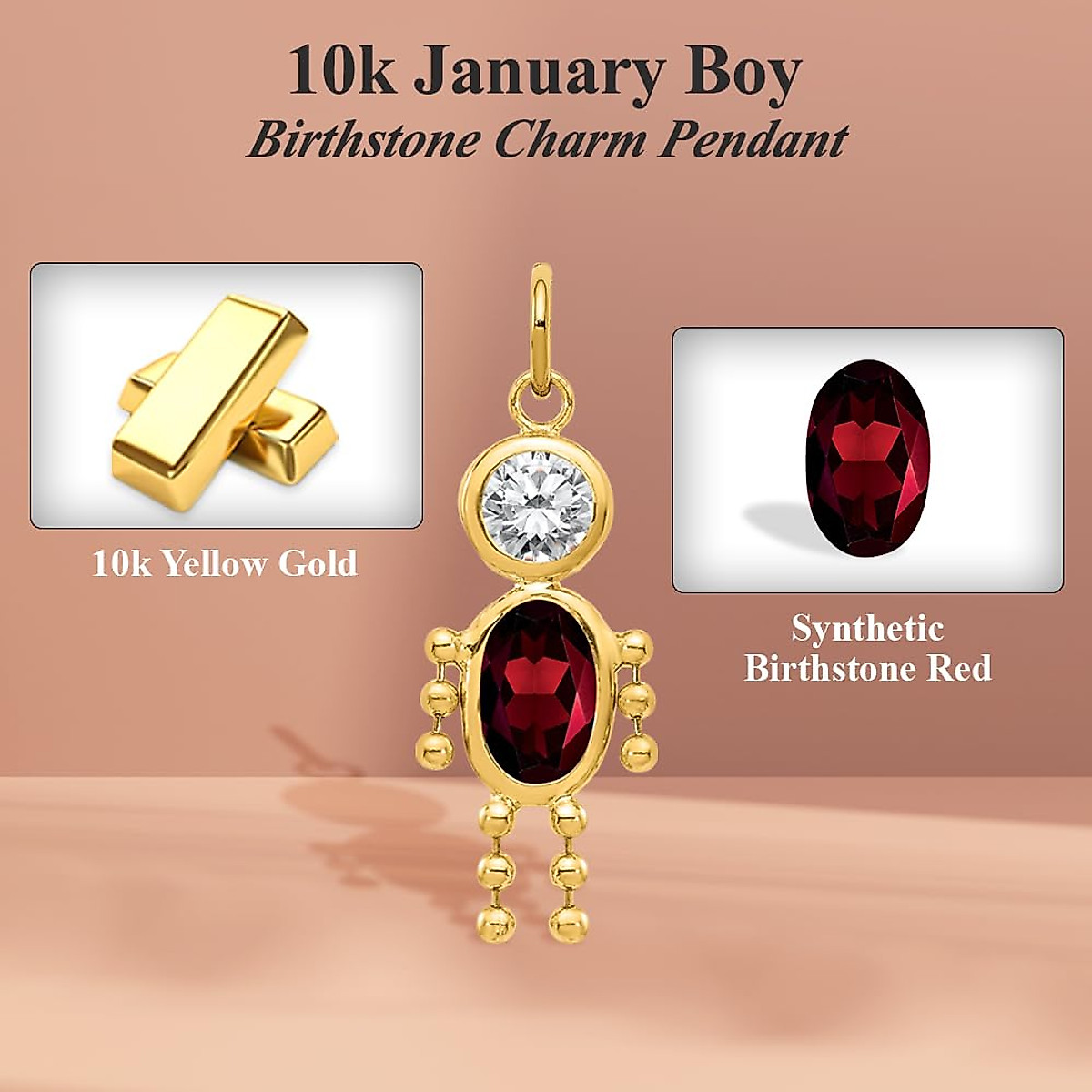 Auriga Fine Jewelry 10K Yellow Gold January Boy Birthstone Charm Pendant for Women (L- 0.79 Inch, W- 0.4 Inch)