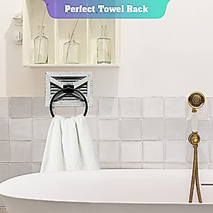 Farmhouse Bathroom Rustic Towel Ring with Galvanized Metal& Black Metal - Rustic Weathered White Wood Wall Mount Hand Towel Holder for Country Bathroom Decor