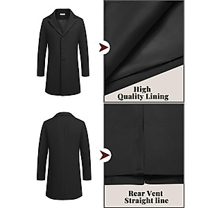 COOFANDY Winter Coats Men Black Notched Collar Overcoat Mid-Long Winter Wool Trench Coat Black Business Peacoat Black L