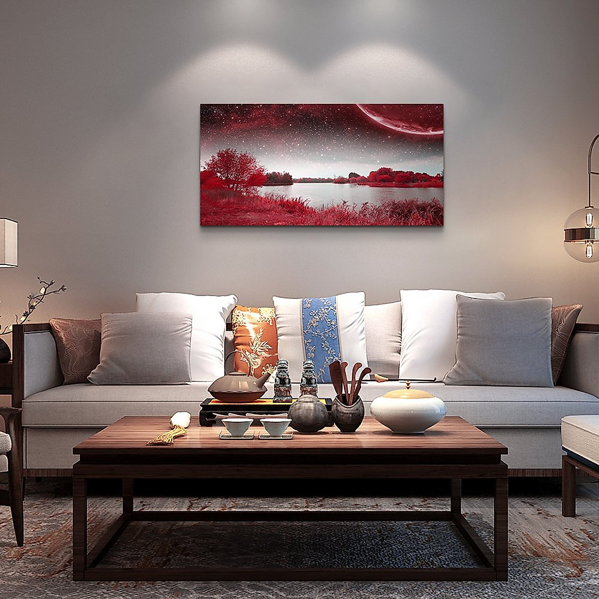 wall art for living room Red Lakes and trees under the starry sky red landscape painting office Wall Art Decor 20" x 40" single Pieces Canvas Prints Ready to Hang for Home Decoration Works For bedroom