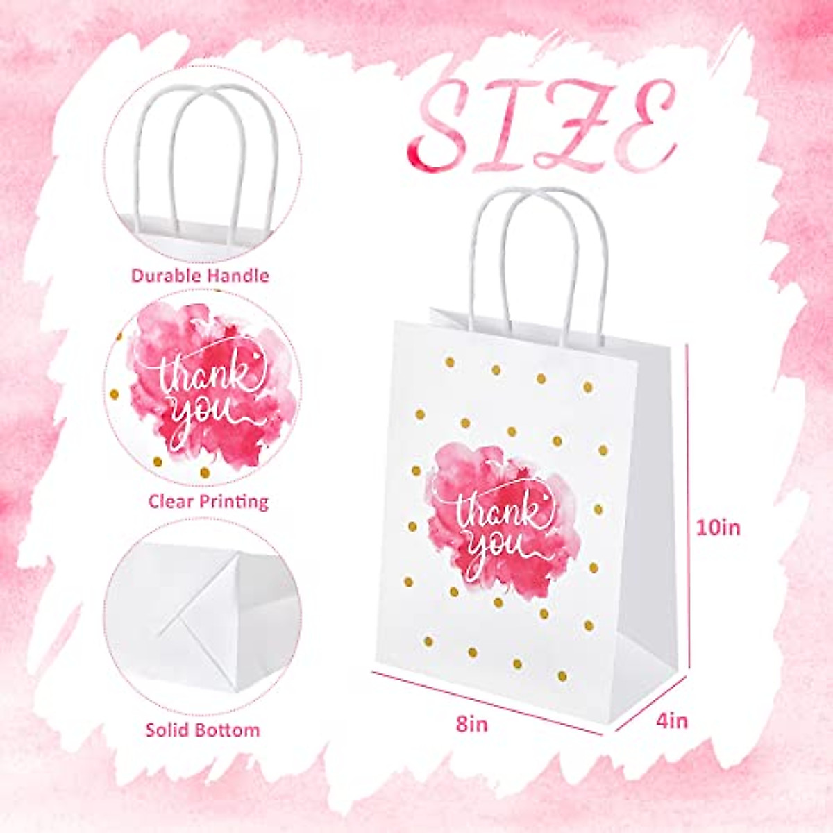 80 Pcs Thank You Gift Bags with Handles Pink Paper Bags for Small Business 8 x 4 x 10 Inch Small Paper Bags with Handles Retail Bags Thank You Bags for Boutique, Business, Wedding Favors, Gifts