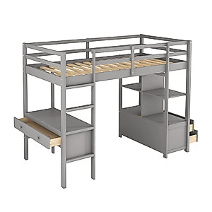 Harper & Bright Designs Twin Size Loft Bed with Desk and Storage, Solid Wood Twin Loft Bed with Storage Shelves and Drawers for Girls Boys Teens Adults,No Box Spring Needed (Twin,Grey)