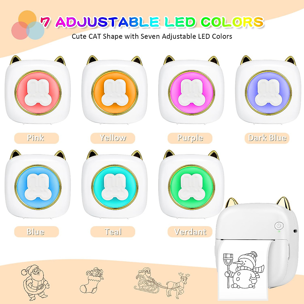 BAISHUN Thermal Mini Printer with RGB Light - Portable Wireless Pocket Bluetooth Inkless Photo Printer for iOS Android Mobile Phone, for Students, Lovers, Friends, Family,9 Rolls Thermal Paper