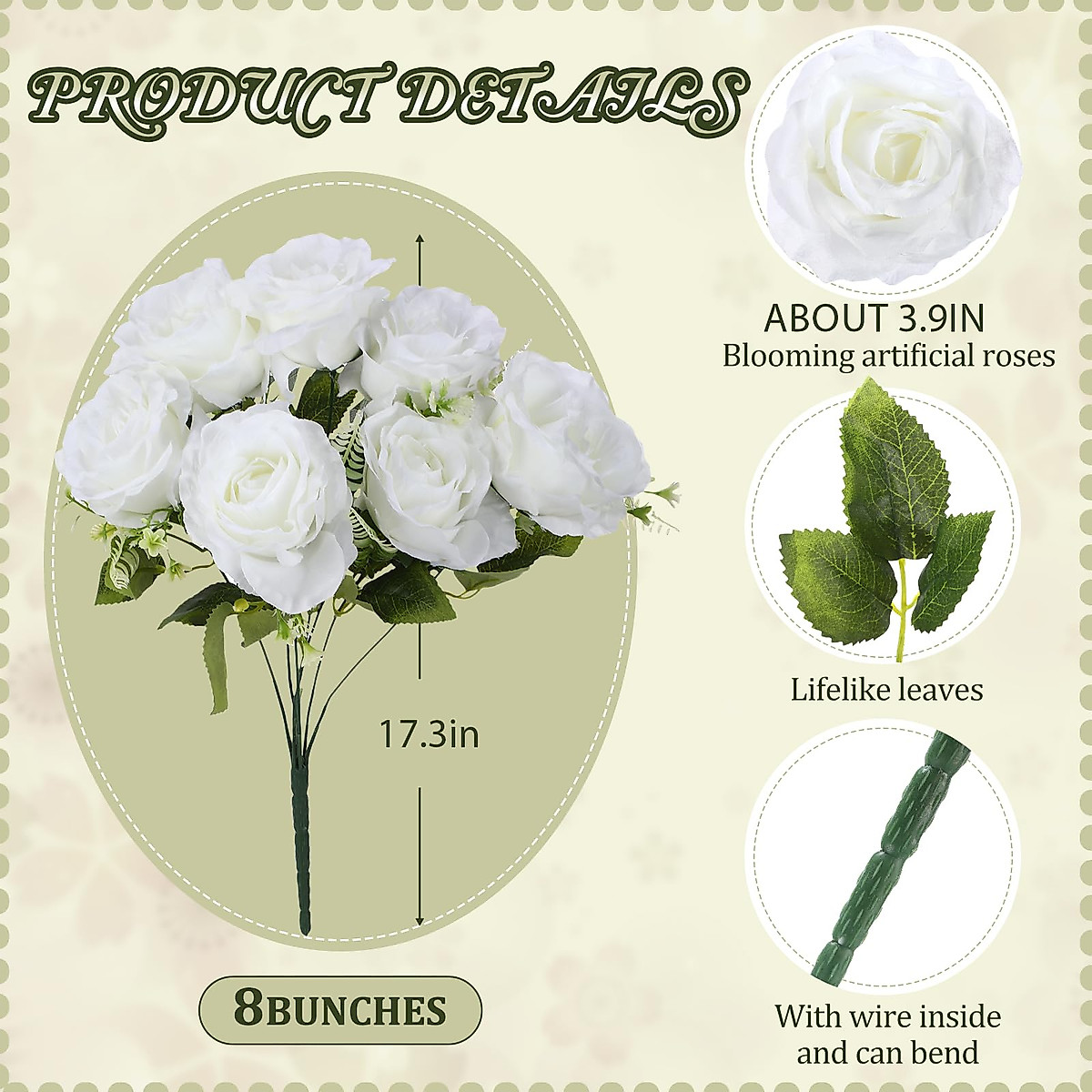 Zeyune 8 Bunches 17.3" Artificial Silk Rose Flowers, Fake Roses Flower Bouquet 56 Heads Whit Artificial Roses Flowers Bulk with Stems for Bridal Wedding Home Mother's Day Decor(White)