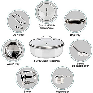 6 Quart Round Stainless Steel Chafing Dish with Bonus Slotted Spoon and Drip Tray for Lid | Keeps linens Dry | for Wedding, Graduation, Events, Parties | Sterno Holder…