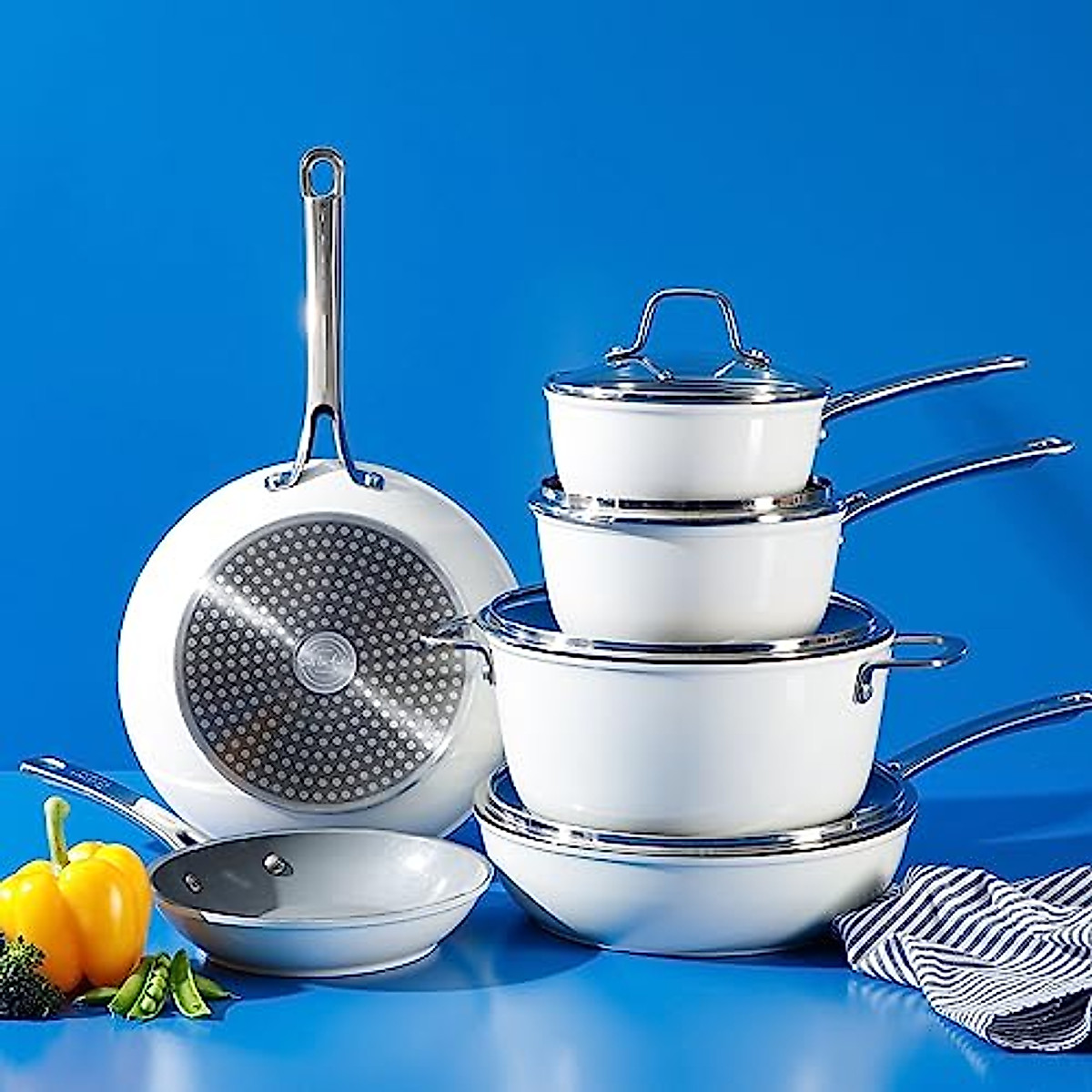 Sur La Table Kitchen Essentials 10 Piece PFA Free Non-Toxic Titanium Ceramic Nonstick Interior Forged Aluminum Cookware Pots and Pans Set - Linen White - Induction Compatible