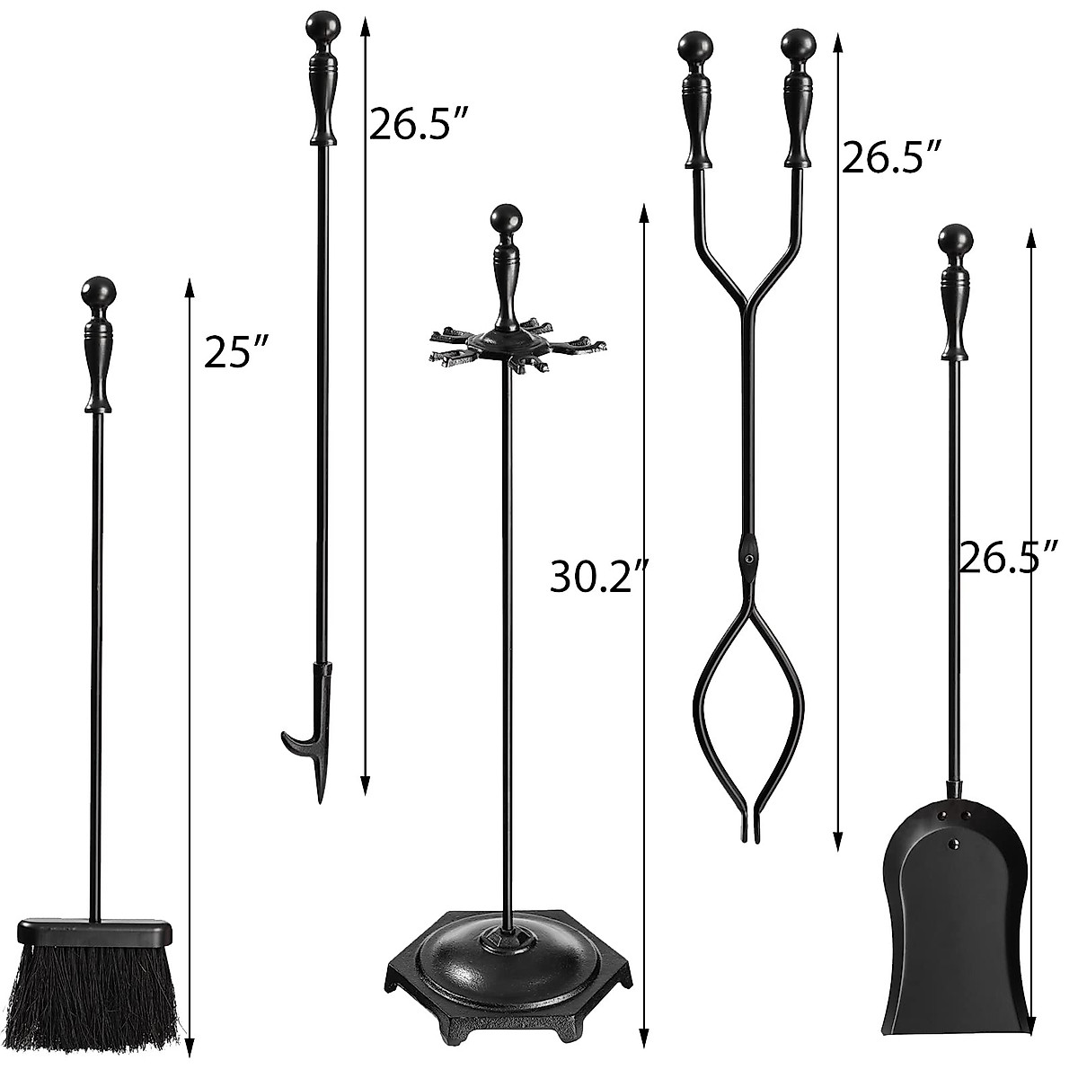 DOEWORKS Fireplace Tools Sets 5 Pieces Fire Tool Set for Indoor Fireplace and Outdoor Fire Pit (Stand, Poker, Tongs, Shovel, Brush)