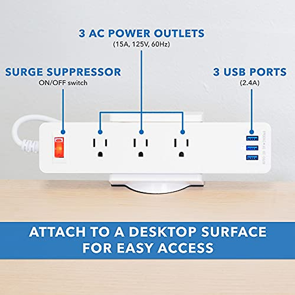 Mount-It! Power Strip Holder Clamp Desk Mount with Included Surge Protector | White Desktop Power Outlet with 3 USB Ports and 3 AC Power Outlets | Adjustable Power Strip Clamp Mount
