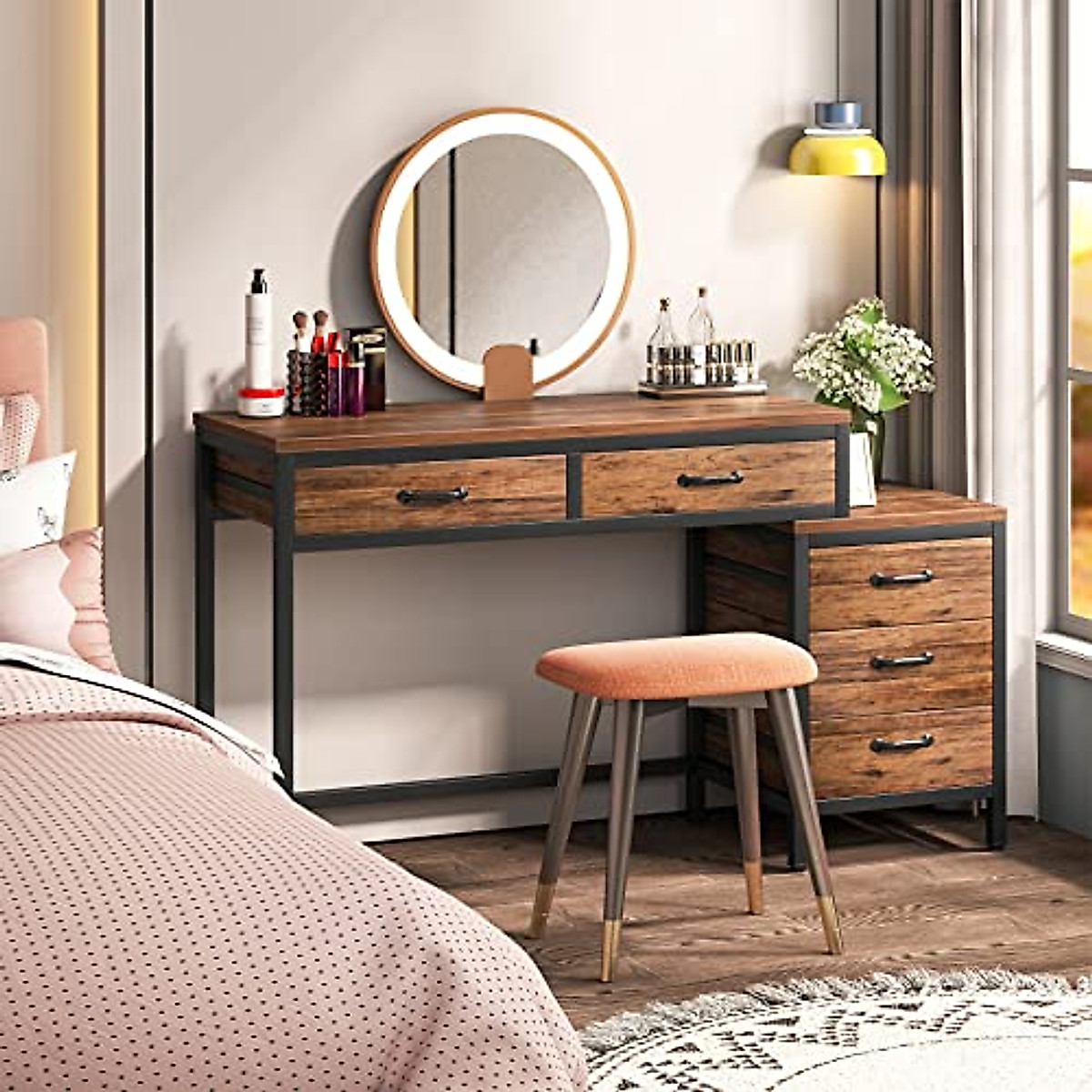 Tribesigns Computer Desk with 5 Drawers, Home Office Desks with Reversible Drawer Cabinet Printer Stand, Industrial PC Desk with Storage, Rustic Study Writing Table Workstation for Small Spaces