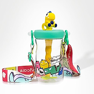 bc babycare Toddler Cups With Straw, No Spill sippy cups for 2 year old, Breakproof Tritan baby bottles with Silicone Soft Tip Straw and Adjustable Straps for Baby, BPA Free 500ml（Green Dinosaur）